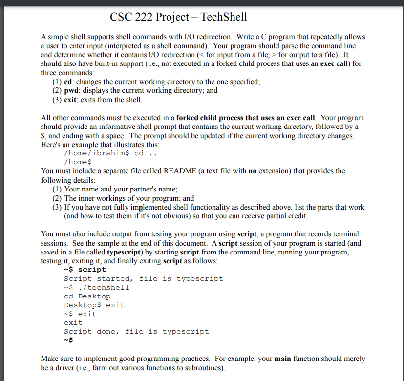 CSC 222 Project – TechShell A simple shell supports | Chegg.com