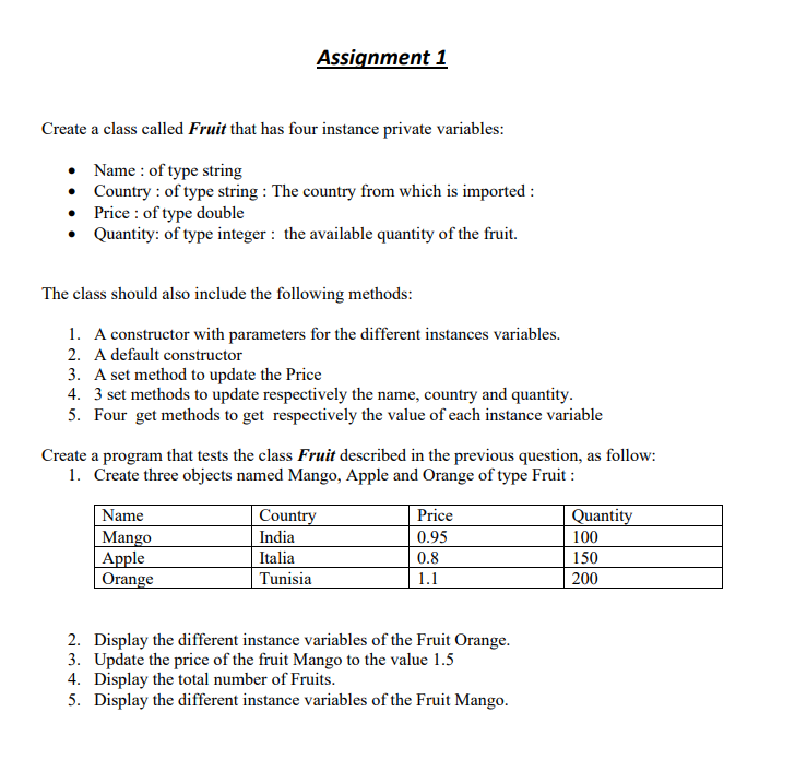 Solved Assignment 1 Create a class called Fruit that has | Chegg.com