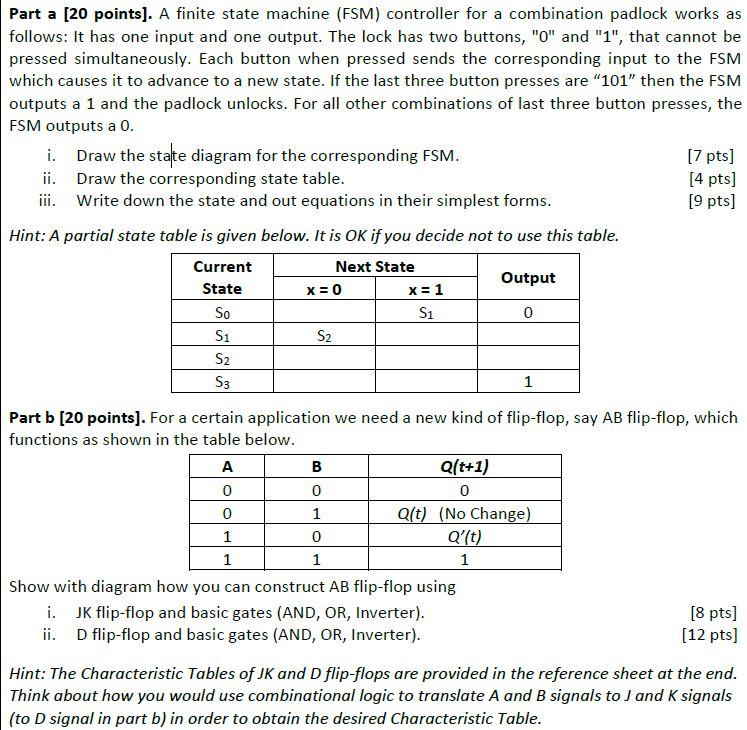 Solved Part a [20 points). A finite state machine (FSM) | Chegg.com