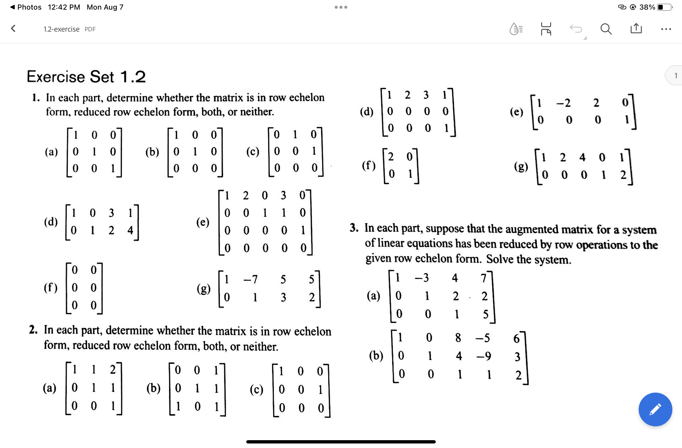 Solved Exercise Set 1.2 1. In each part, determine whether | Chegg.com