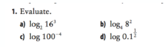 Solved 1. Evaluate. a) log, 16 c) log 1004 b) log, 82 d) log | Chegg.com