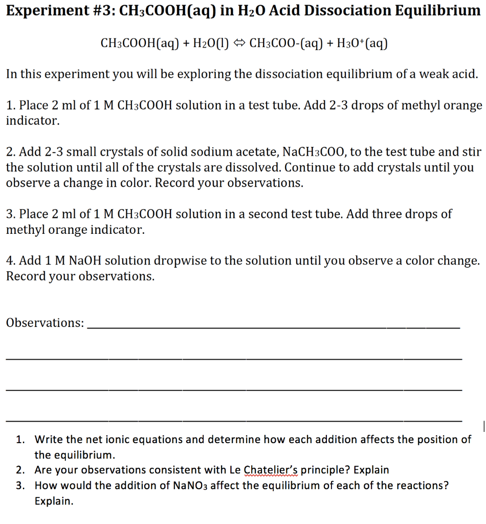 Solved Experiment #3: CH3COOH(aq) in H2O Acid Dissociation | Chegg.com