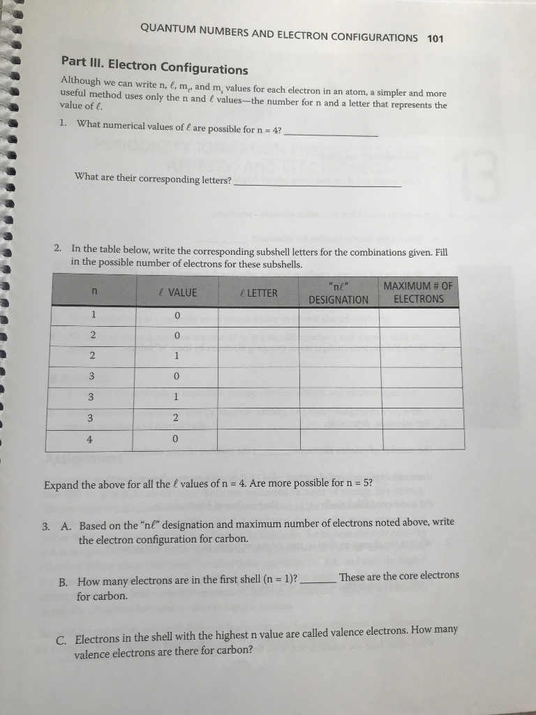 Solved QUANTUM NUMBERS AND ELECTRON CONFIGURATIONS 101 Part | Chegg.com