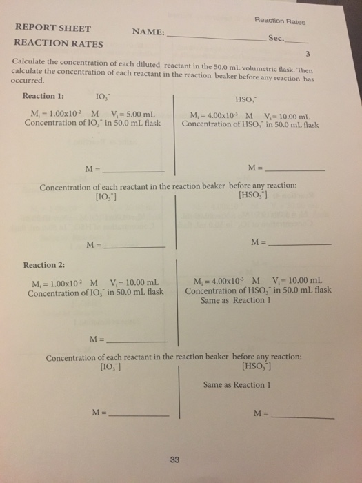 Reaction Rates REPORT SHEET NAME: Sec. REACTION RATES | Chegg.com