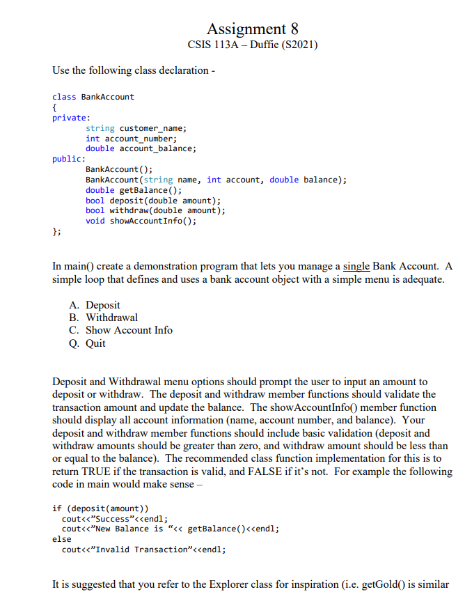 Solved Assignment 8 CSIS 113A - Duffie (S2021) Use the | Chegg.com