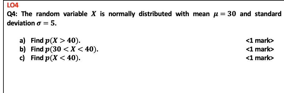 Solved LO4 Q4: The random variable X is normally distributed | Chegg.com