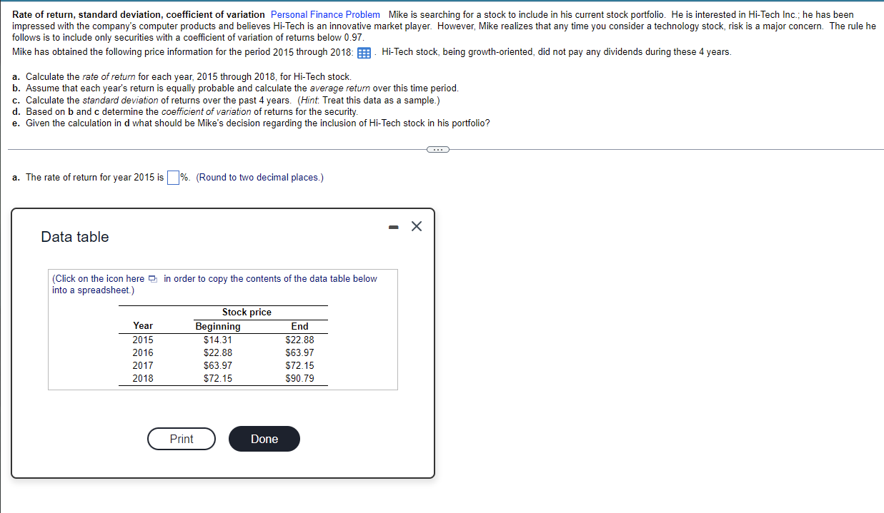 Solved Rate of return, standard deviation, coefficient of | Chegg.com