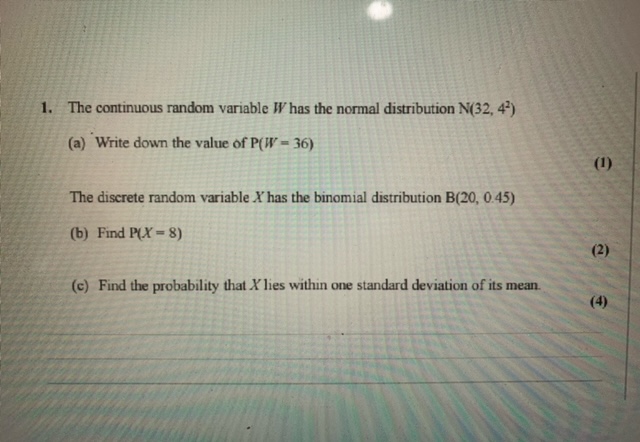 Solved 1. The continuous random variable W has the normal | Chegg.com