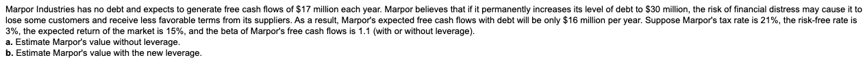 Solved Marpor Industries has no debt and expects to generate | Chegg.com