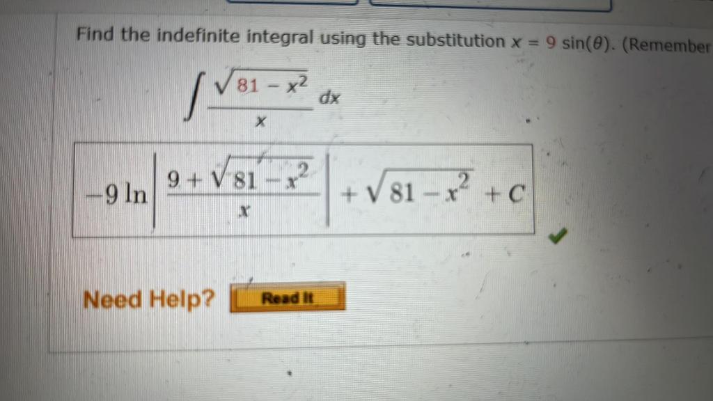 Solved Find the indefinite integral using the substitution | Chegg.com