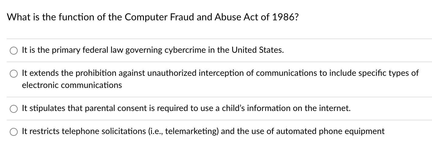 Solved What is the function of the Computer Fraud and Abuse | Chegg.com