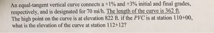 Solved An equal-tangent vertical curve connects a +1% and | Chegg.com
