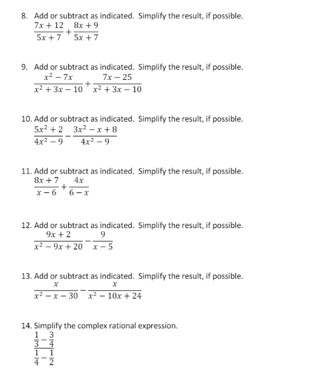 Solved 8. Add or subtract as indicated. Simplify the result, | Chegg.com