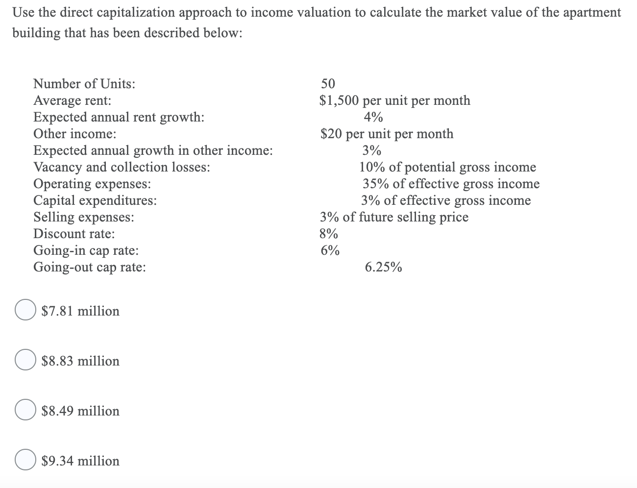 Solved Use the direct capitalization approach to income | Chegg.com