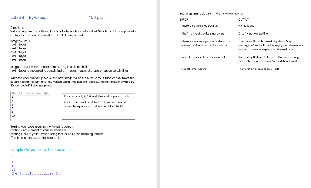 Solved Lab 2B - try/except 100 pts Your program should also | Chegg.com