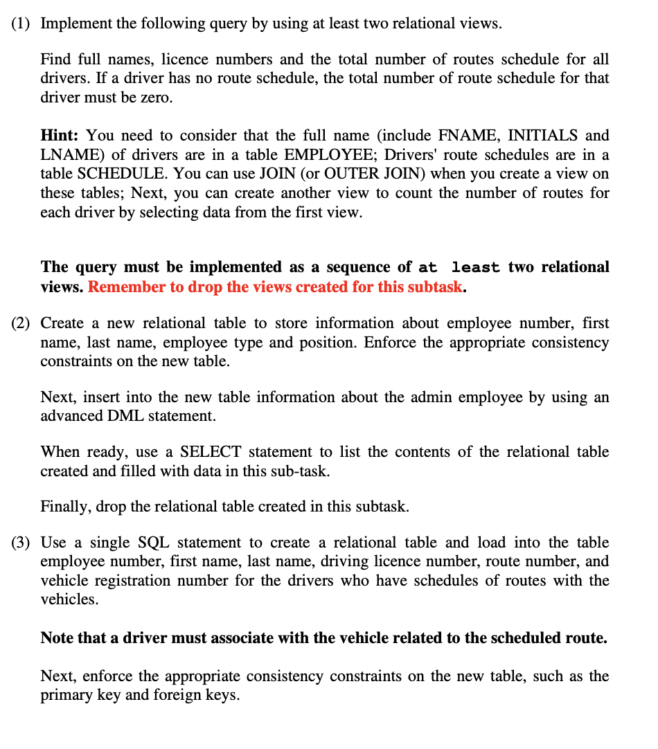 Solved *1 CREATE TABLE EMPLOYEE ENUM DECIMAL (12) NOT NULL, | Chegg.com