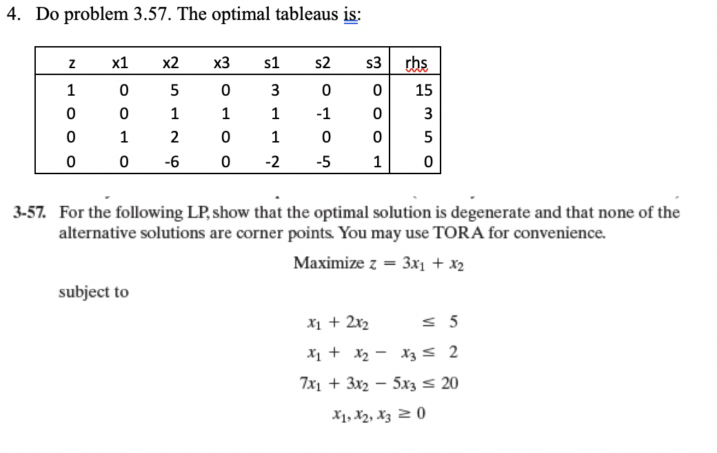 Solved 4. Do problem 3.57. The optimal tableaus is: z X1 X2 | Chegg.com
