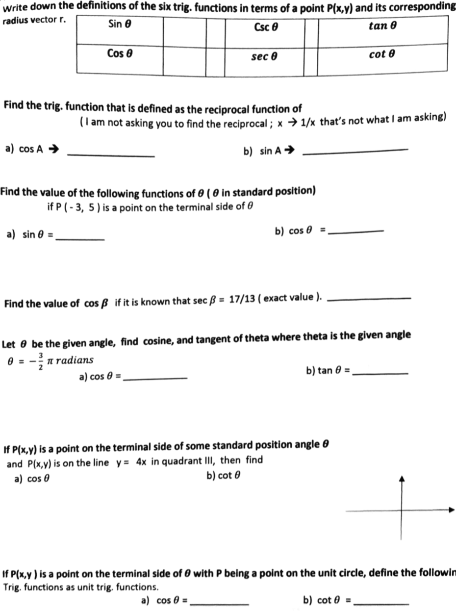 Solved write down the definitions of the six trig. functions | Chegg.com