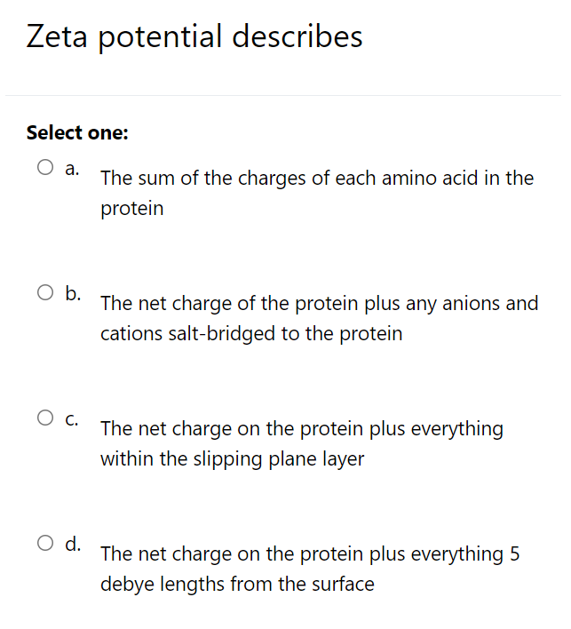 Solved Zeta potential describes Select one: a. The sum of | Chegg.com