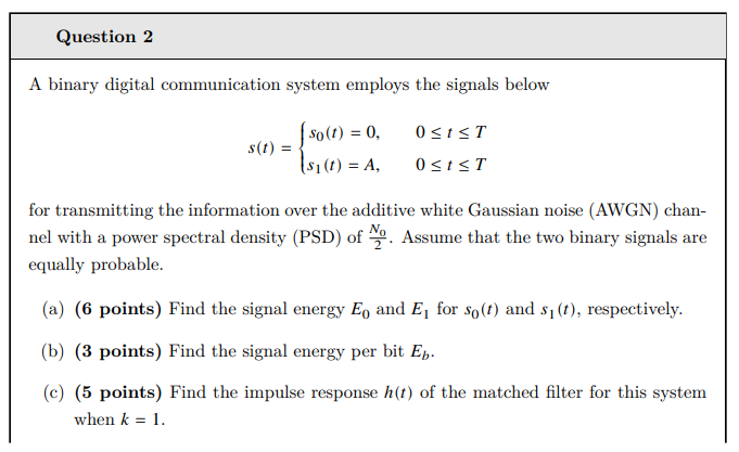 Solved A binary digital communication system employs the | Chegg.com