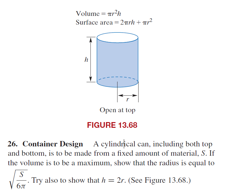 Solved Volume =πr2h Surface area =2πrh+πr2 FIGURE 13.68 26. | Chegg.com