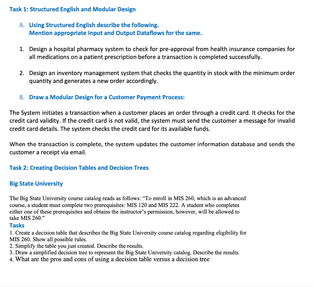 Task 1: Structured English and Modular Design A. | Chegg.com