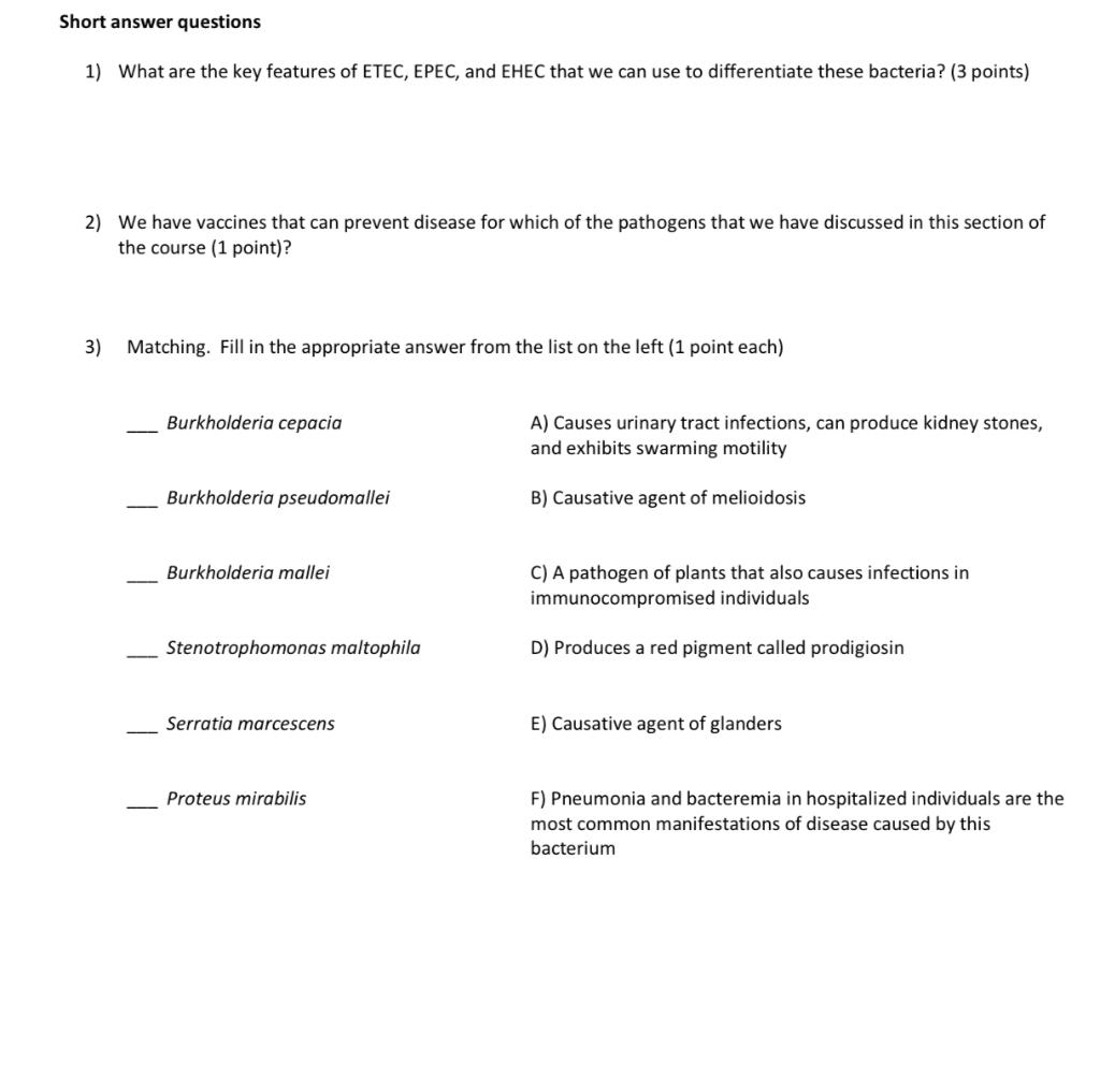1) What are the key features of ETEC, EPEC, and EHEC | Chegg.com