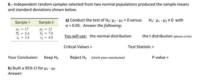 Solved 6.- Independent random samples selected from two | Chegg.com