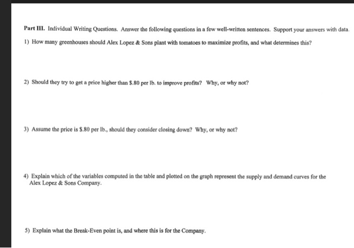 Solved PartI. Individual Writing Questions. Answer the | Chegg.com