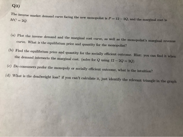 Solved Q3) The inverse market demand curve facing the new | Chegg.com