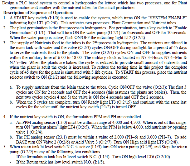 Solved Design a PLC based system to control a hydroponics | Chegg.com
