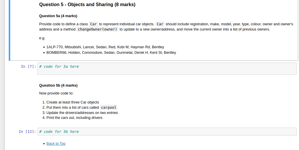 Solved Question 5a (4 marks) Provide code to define a class | Chegg.com