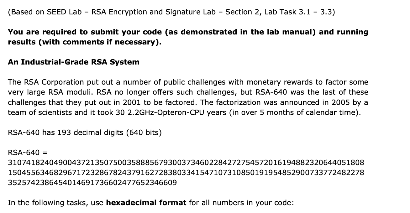 (Based on SEED Lab RSA Encryption and Signature Lab | Chegg.com
