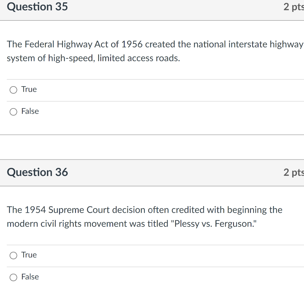 2 pts Question 35 The Federal Highway Act of 1956 | Chegg.com