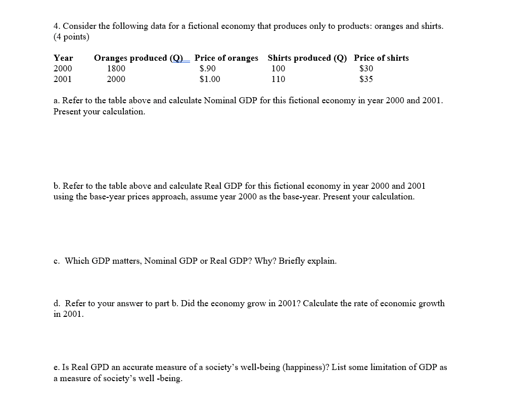 Solved 4. Consider the following data for a fictional | Chegg.com