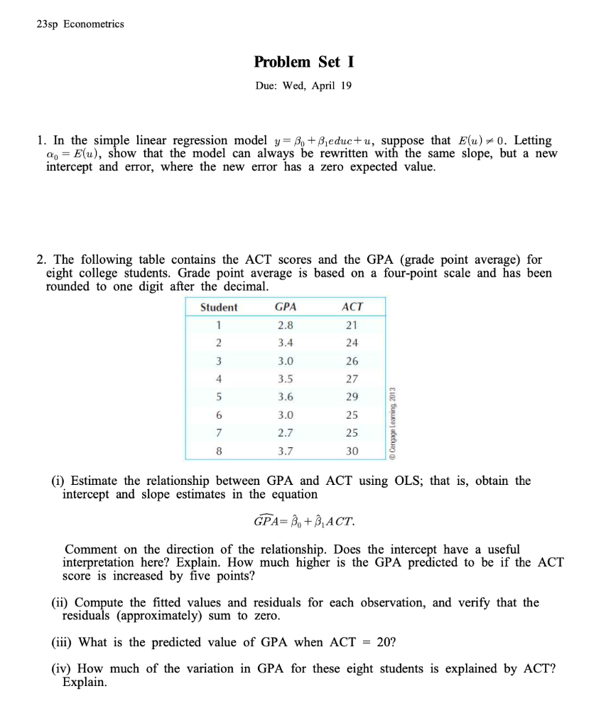 Solved 23sp Econometrics Problem Set I Due: Wed, April 19 1. | Chegg.com