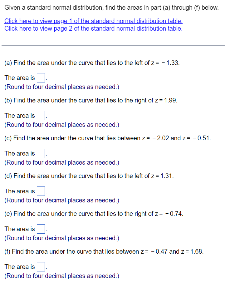 Solved Given a standard normal distribution, find the areas | Chegg.com