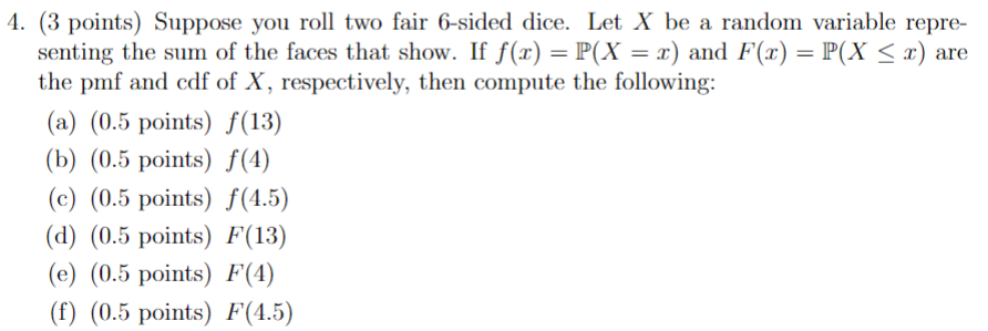 Solved 4. (3 points) Suppose you roll two fair 6 -sided | Chegg.com