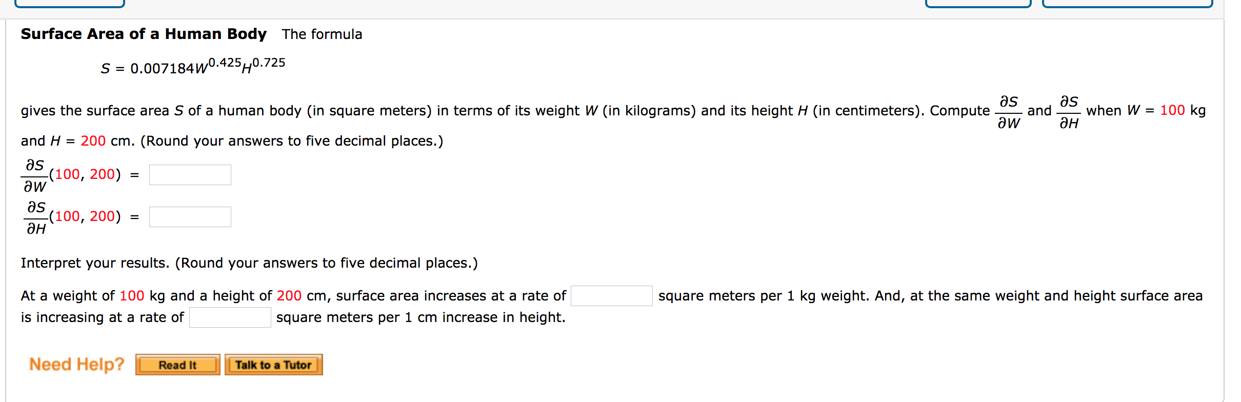 Solved Surface Area of a Human Body The formula S = | Chegg.com