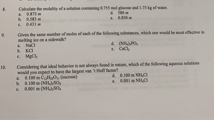 Solved Calculate the molality of a solution containing 0.755 | Chegg.com