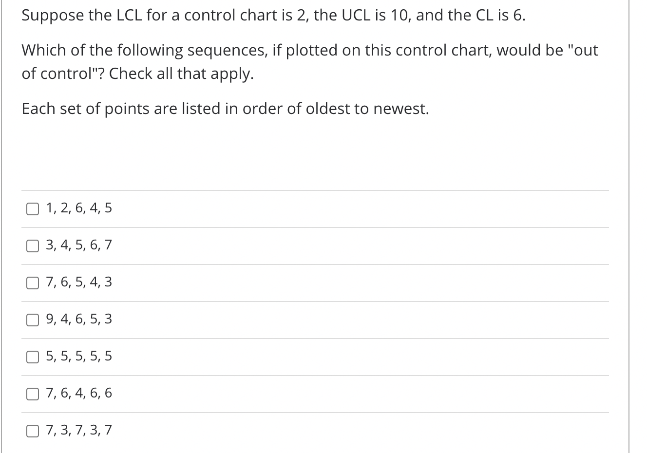 Solved Suppose the LCL for a control chart is 2, the UCL is | Chegg.com