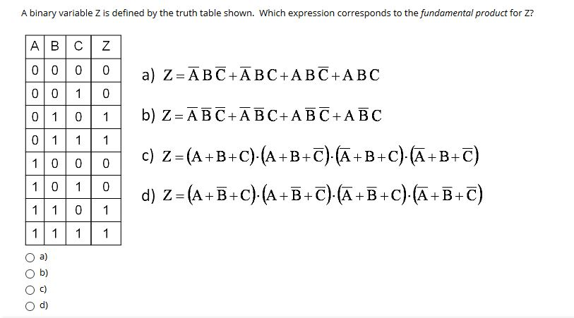 Solved A binary variable Z is defined by the truth table | Chegg.com