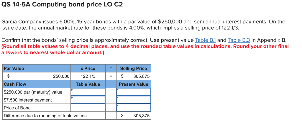 Solved QS 14-5A Computing bond price LO C2 Garcia Company | Chegg.com