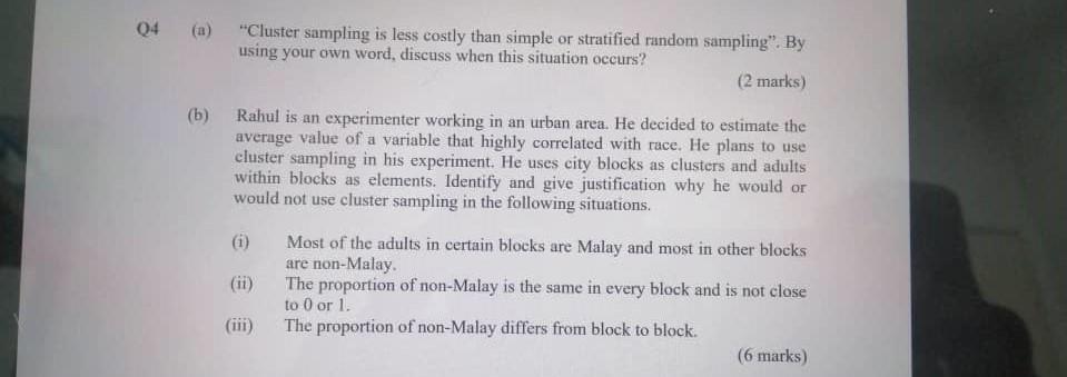 04 (a) "Cluster sampling is less costly than simple | Chegg.com