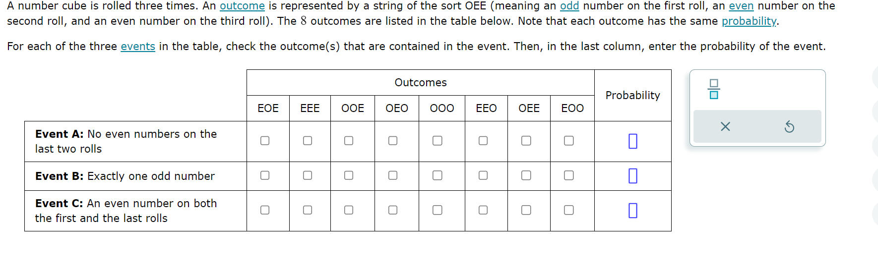 Solved A number cube is rolled three times. An outcome is | Chegg.com