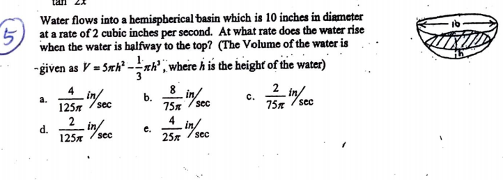 Solved 5 Water flows into a hemispherical basin which is 10 | Chegg.com