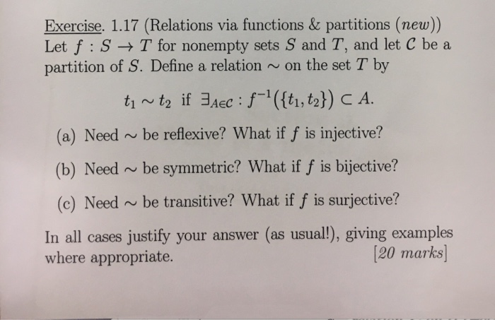 Solved Exercise. 1.17 (Relations via functions & partitions | Chegg.com