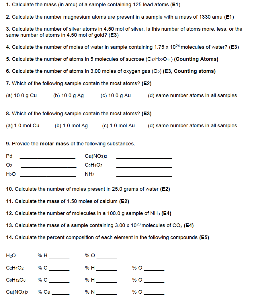 Solved 1. Calculate the mass (in amu) of a sample containing | Chegg.com