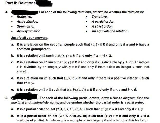 Solved Part II: Relations 4. - Reflexive. - Anti-reflexive. | Chegg.com