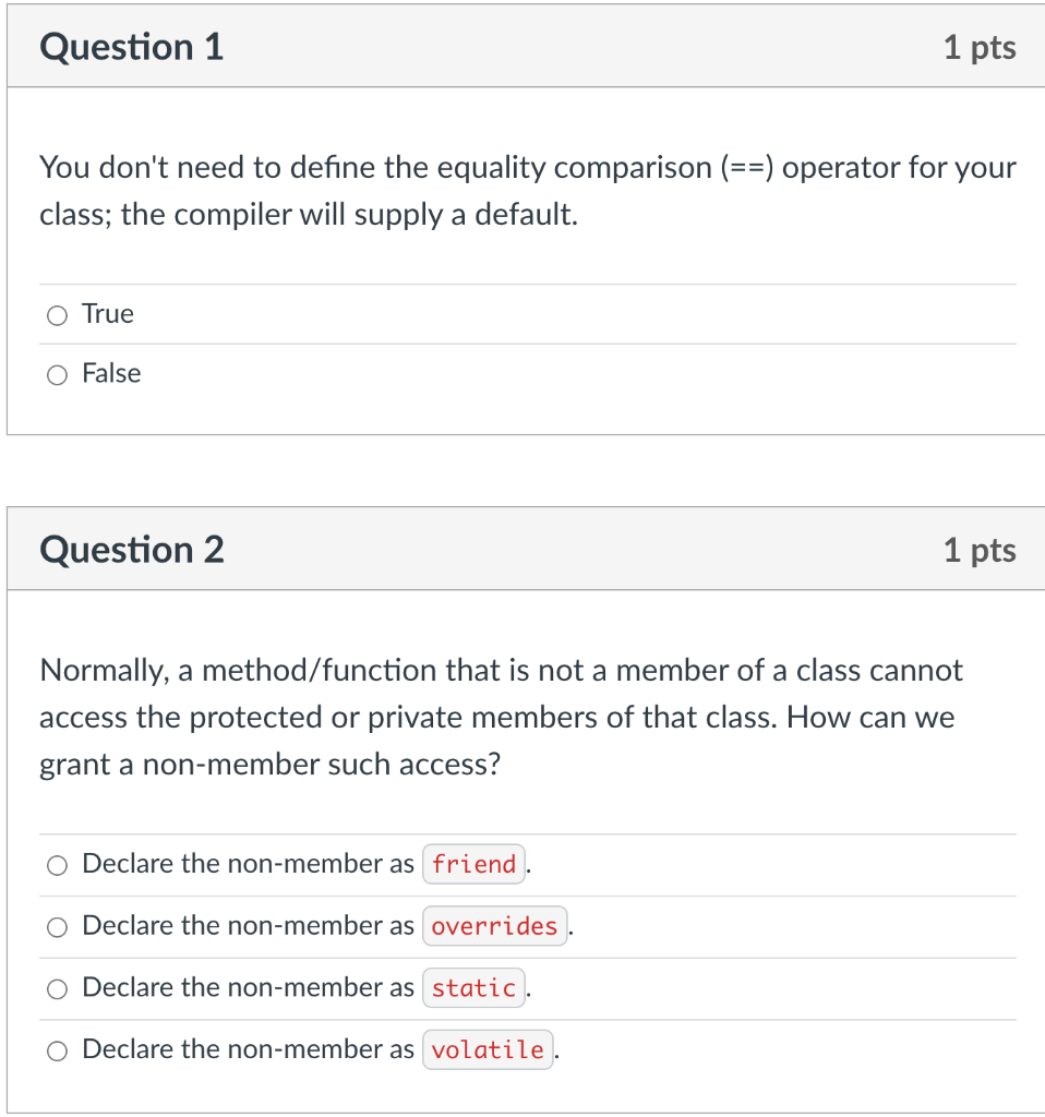 Solved You don't need to define the equality comparison (==) | Chegg.com